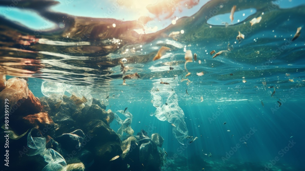 Foto de Stock Underwater scene of plastic pollution and microplastics ...