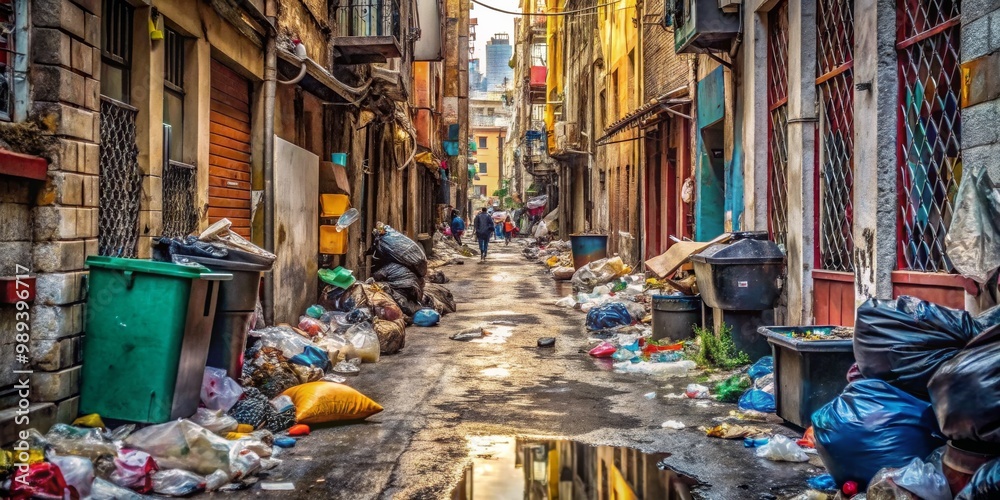 Trash-Filled Alleyway A Narrow Passageway Lined with Buildings ...