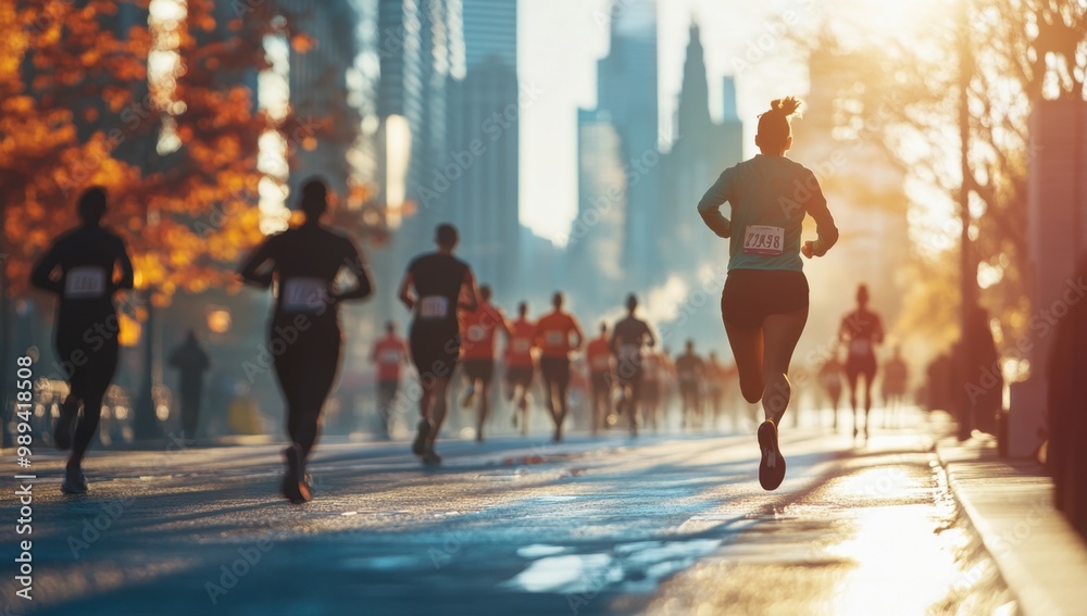 The focus is on the frontrunner in an urban marathon, with blurred ...