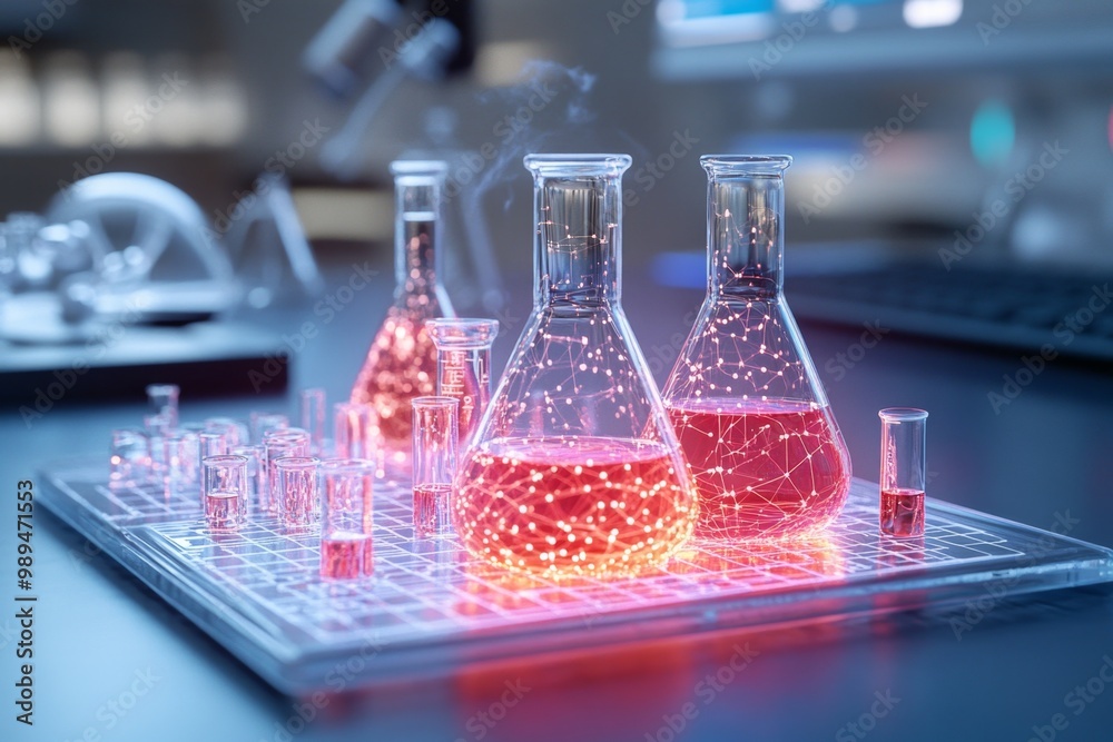 A 3D-rendered scientific experiment, with beakers, test tubes, and ...