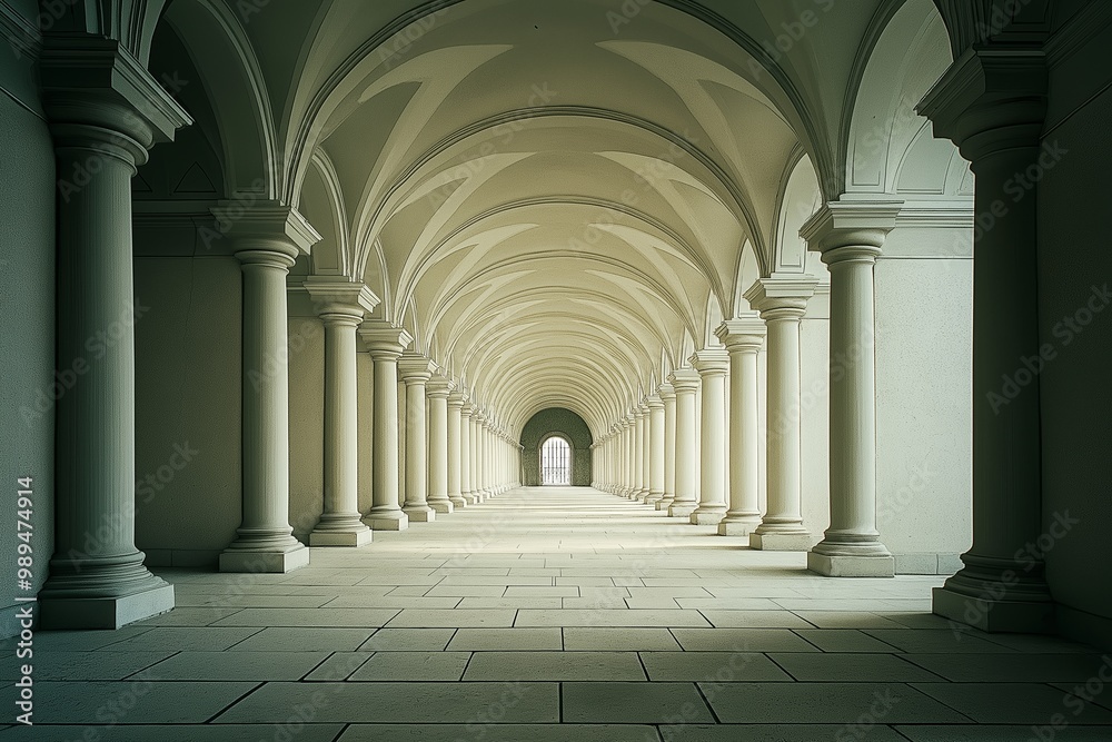 An elegant classical hallway featuring a long series of colonnades and ...