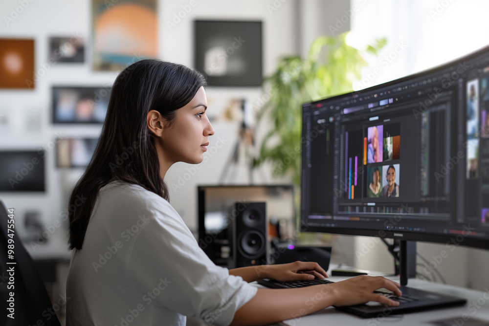 A young Indian woman editor sits at a desk in front of a monitor ...