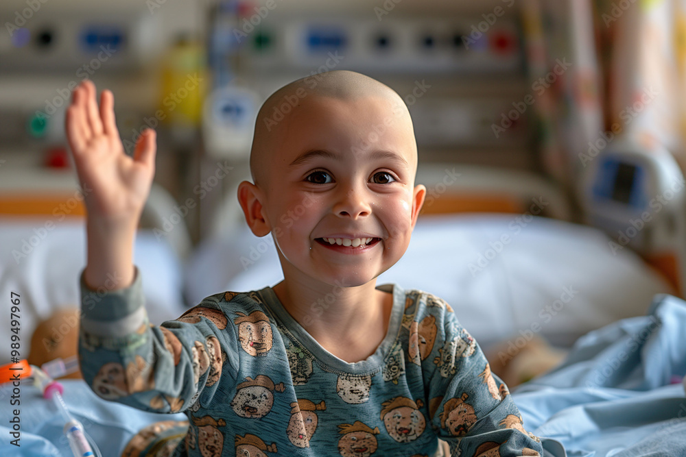 A child with cancer wearing pajamas in the hospital, smiling with a ...