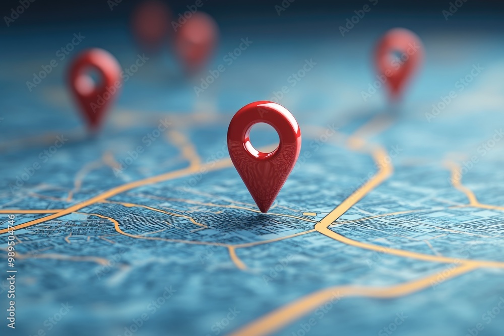 Red location pin pointing on city map showing the destination Stock ...