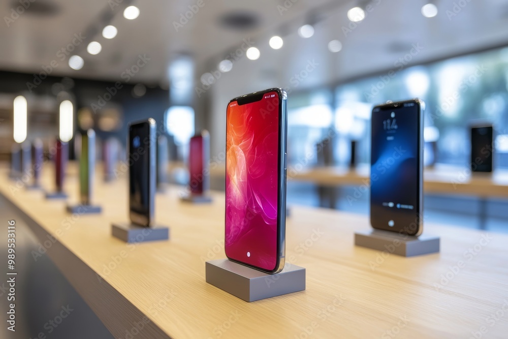 Cutting-edge smartphones displayed in a modern retail setting ...