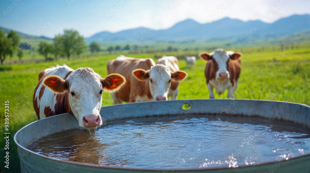 Cows drinking water from a trough in a grassy pasture under a bright ...