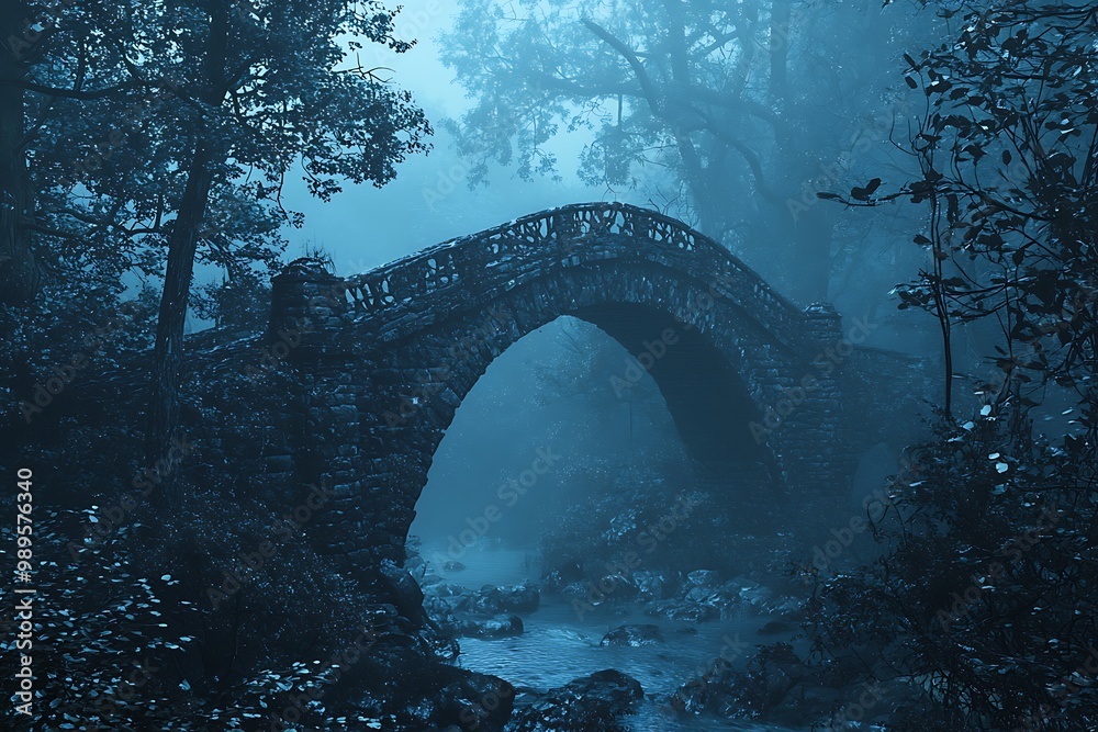 Spooky depiction of an ancient bridge in a foggy forest at night ...