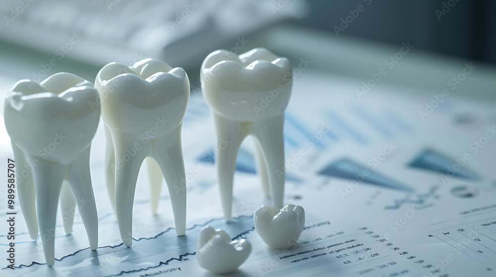 two model teeth placed on top of a graph and chart. This suggests a ...