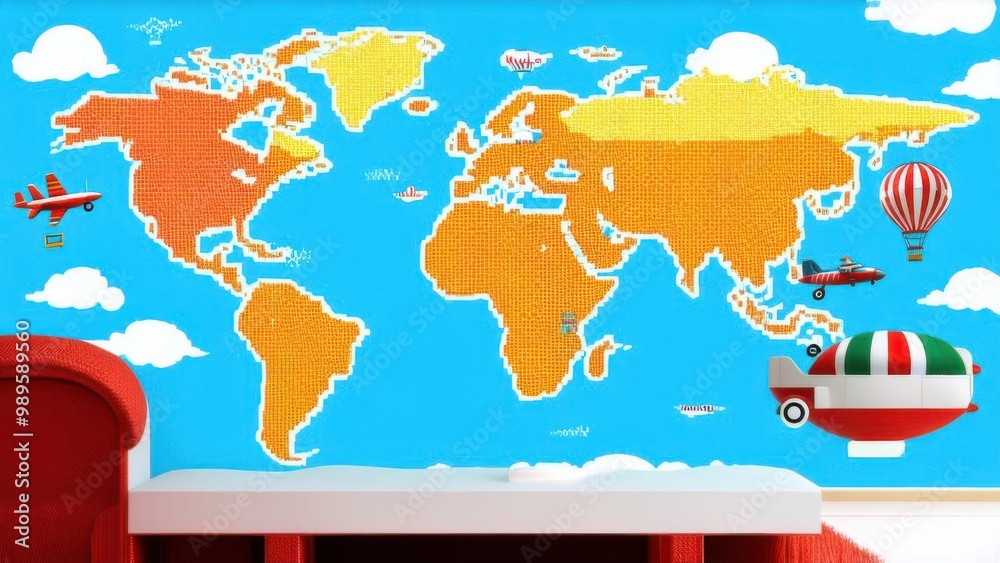 Retro World Map for Kids wallpaper mural, Vintage Hot Air Balloons and ...