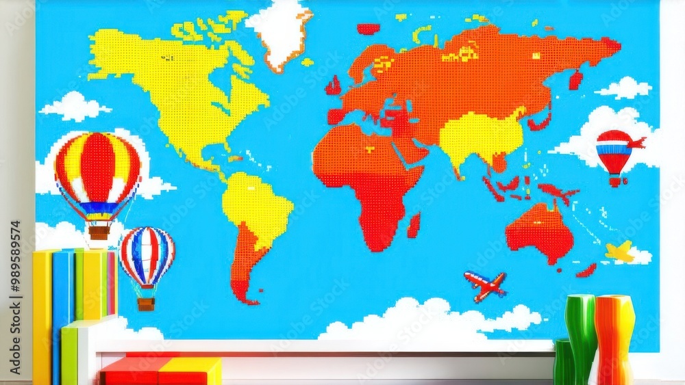 Retro World Map for Kids wallpaper mural, Vintage Hot Air Balloons and ...