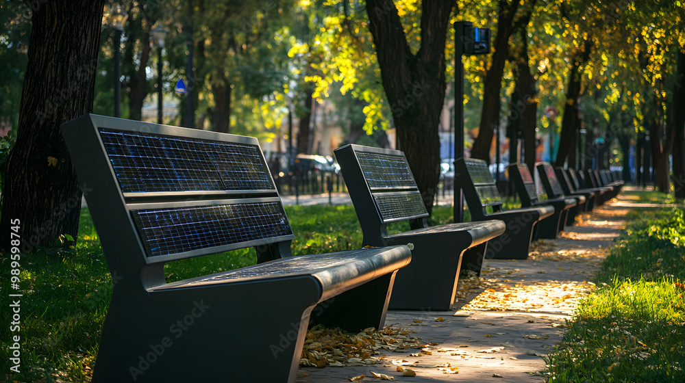 A city park featuring smart benches with built-in solar panels and ...