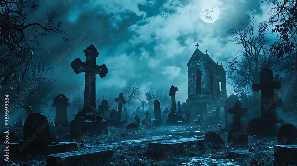 Spooky digital artwork depicting a night scene in a graveyard, full ...