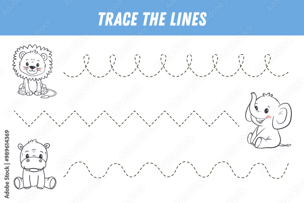 Tracing lines for kids. Cute cartoon animals: lion, hippo, elephant ...