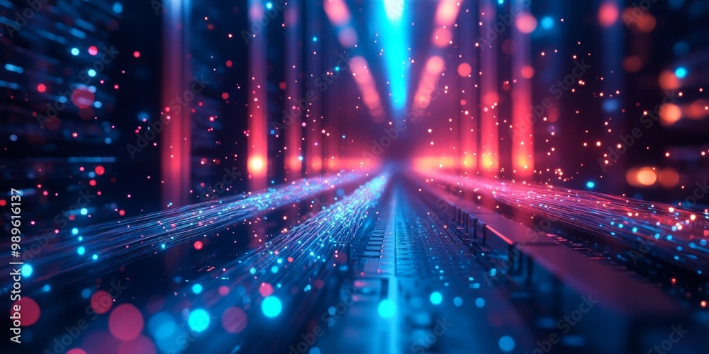 Fiber optic cables illuminated, softly fading into a vibrant server ... Fiber optic cables illuminated, softly fading into a vibrant server ...