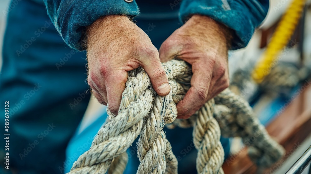 Detail of hands cleating off superyacht mooring lines on the foredeck ...