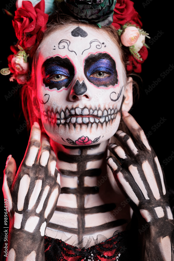 Headshot portrait of girl wearing corpse makeup to celebrate dios de ...