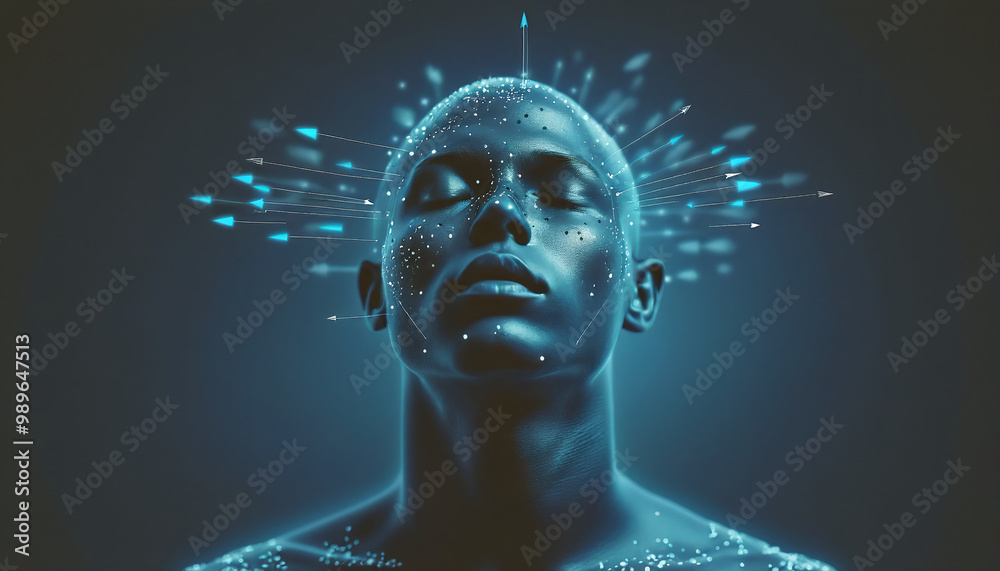 Illustrative graphic depiction of a deep thinking person surrounded by ...
