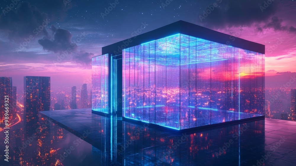 Minimalist cube house with mirrored walls reflecting a vibrant city ...