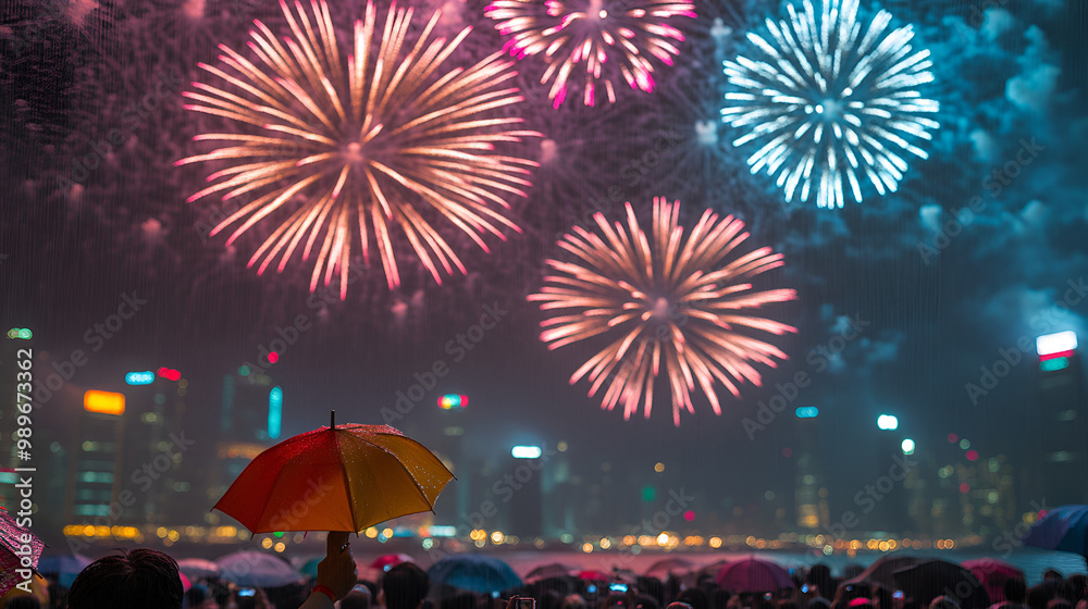 The crowd watching national day fireworks display in rain at waterfront ...