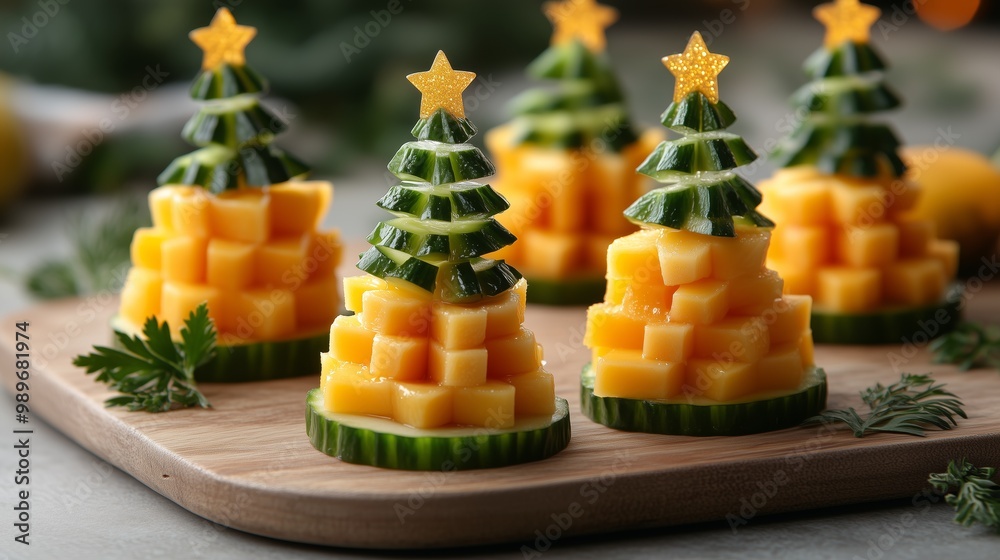 Christmas-themed mini cucumber and cheese trees, decorated with star ...