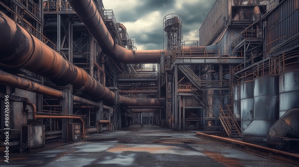 Exterior of Abandoned Industrial Factory with Rusted Metal Pipelines ...