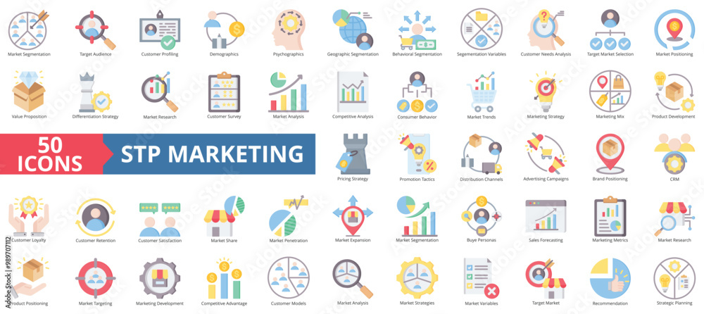 STP marketing icon collection set. Containing target audience, customer ...