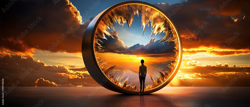 Person standing in front of a large mirror, fragmented reflection ...