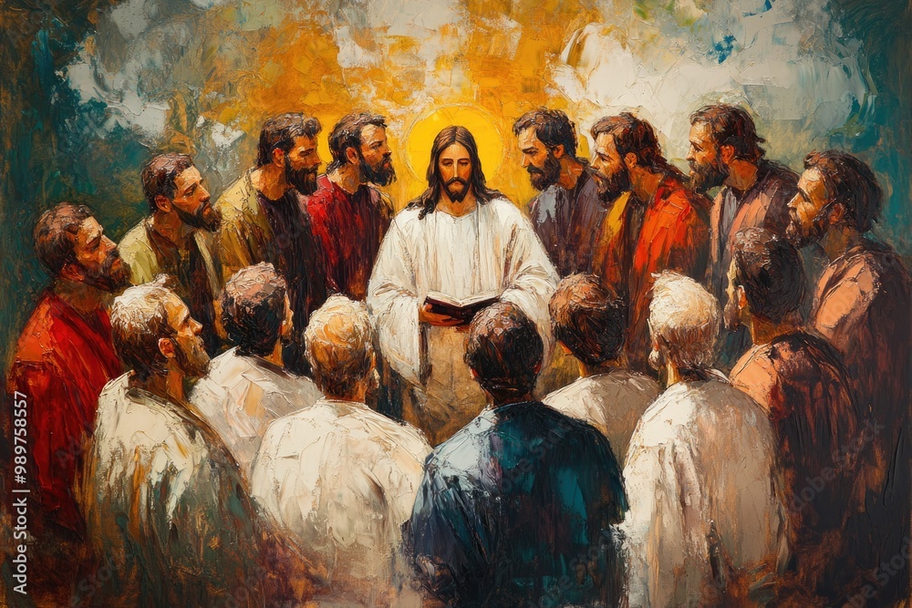 A painting of the Sermon on the Mount, with Jesus Christ at the center ...