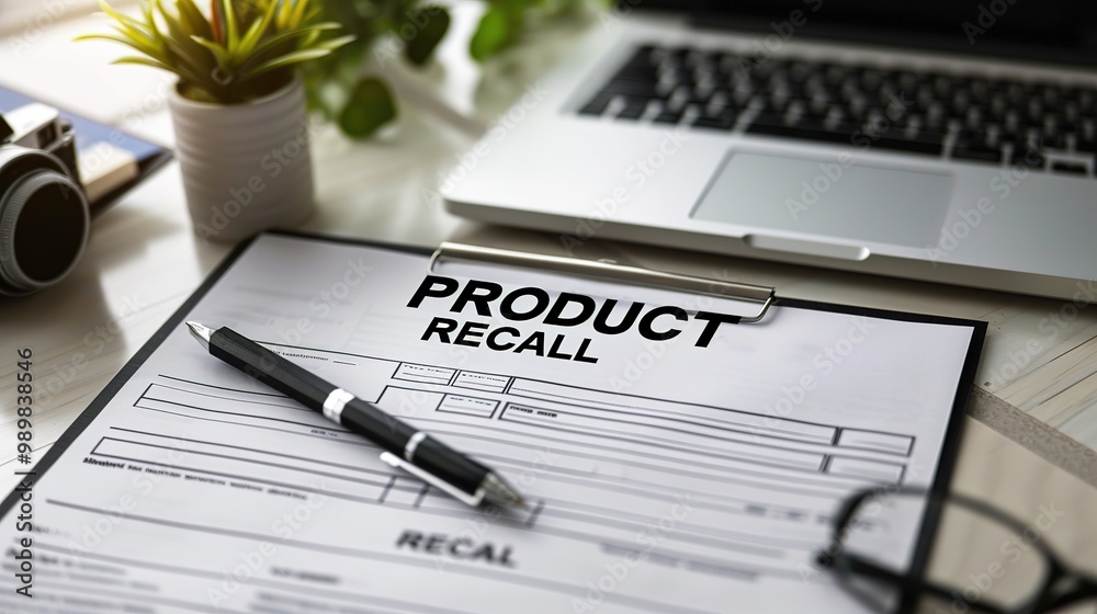 Formal product recall notification letter placed on an office desk ...