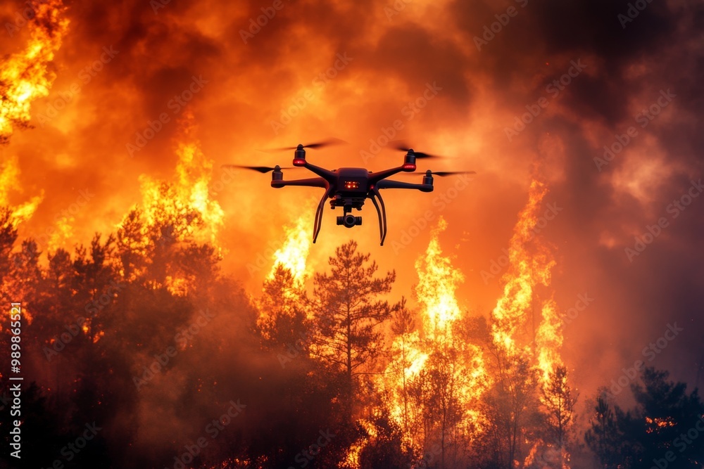 Firefighting drone monitoring active wildfire over charred forest ...