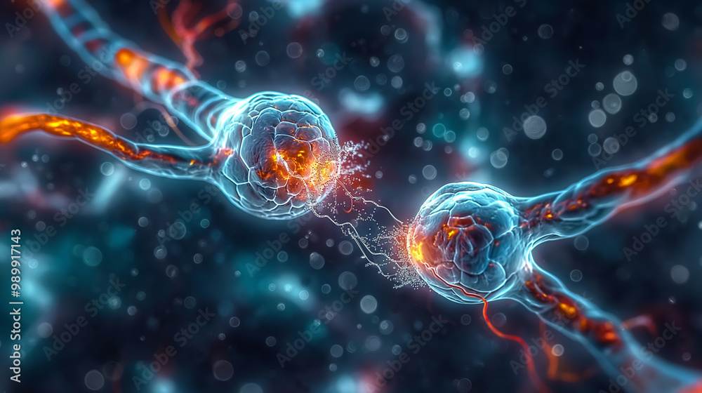 Synapse and neuron in 3D brain illustration. Explore neurotransmitter ...