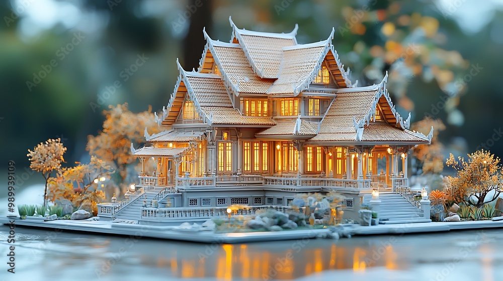 isolated white background of Thai-style house model with soft lighting ...