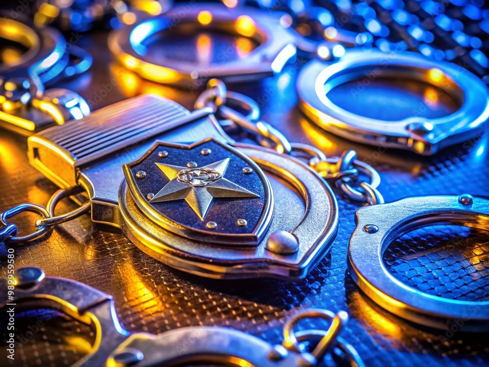 Professional law enforcement background with police badges, handcuffs ...