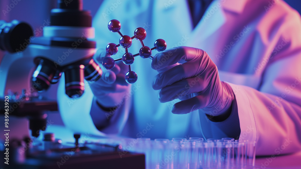 Scientist in lab coat holding molecular model of serotonin receptor ...
