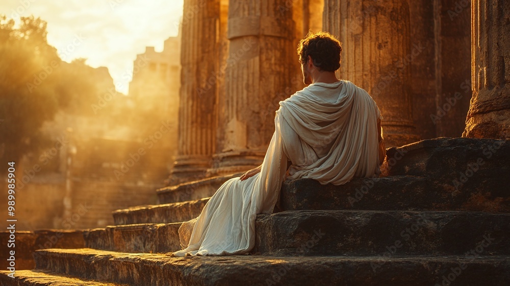 sitting man wearing a traditional toga on the stone stairs of an ...