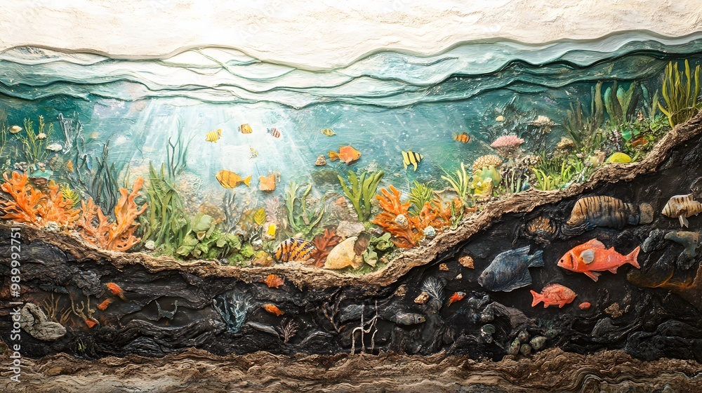 1. A detailed cross-section of a body of water, showcasing various ...