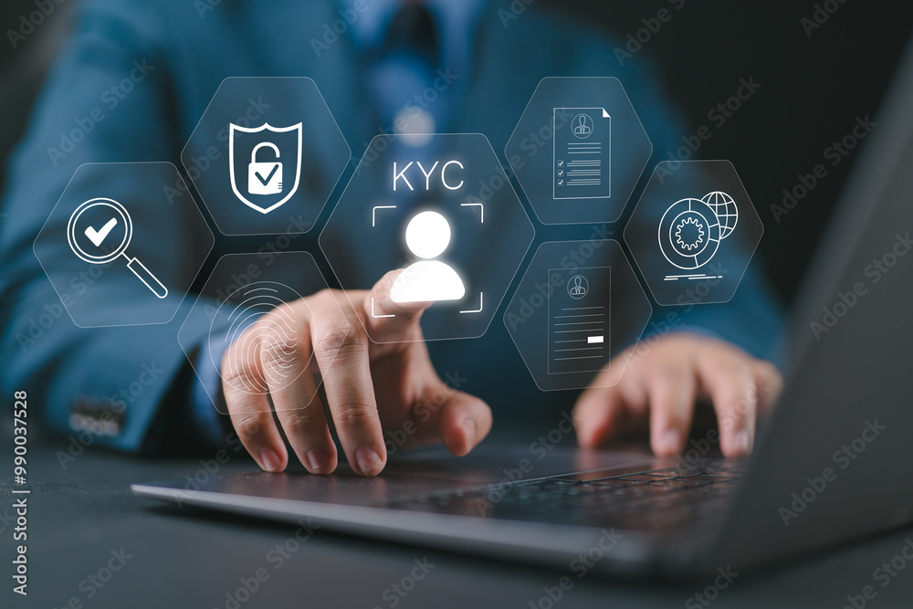 Interactive KYC compliance interface with the user. Business professional interacting with a ...