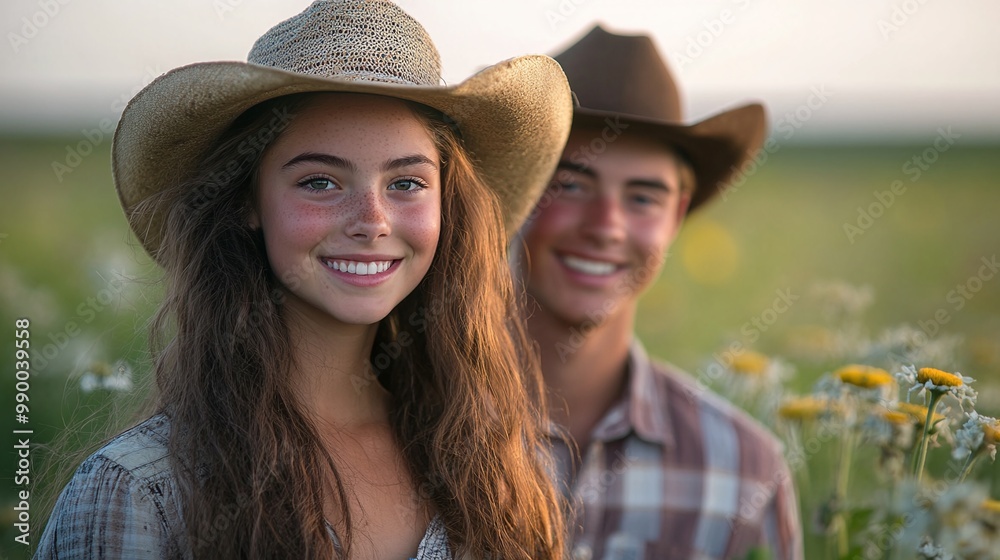 young cowgirl and cowboy teens in a rural midwest landscape, embracing ...