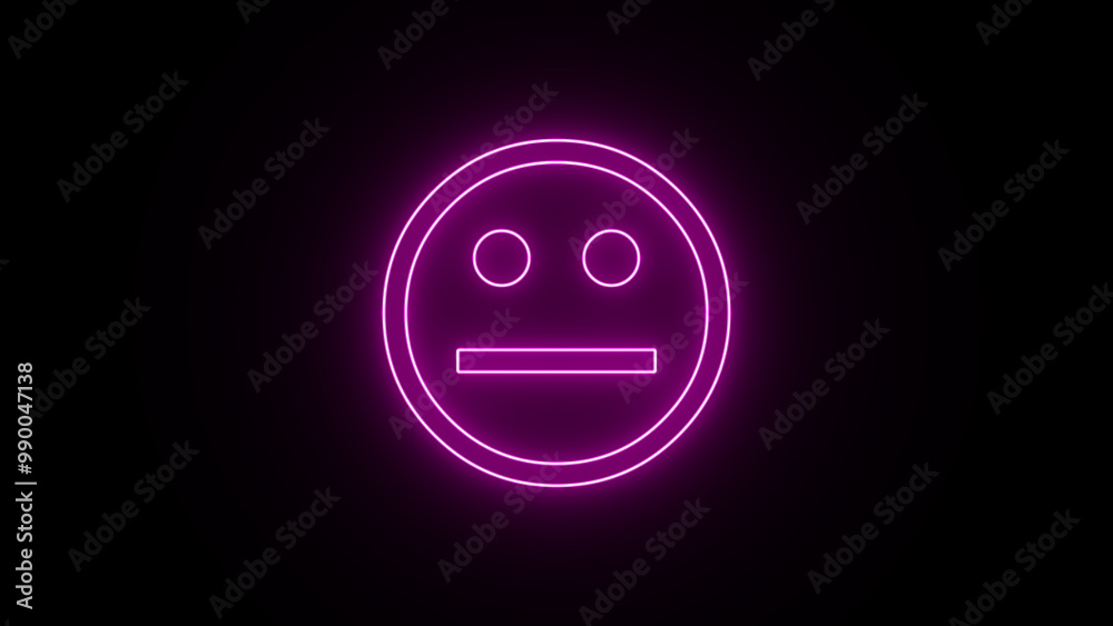 Glowing purple neon neutral face emoticon symbol blinking. No talk ...