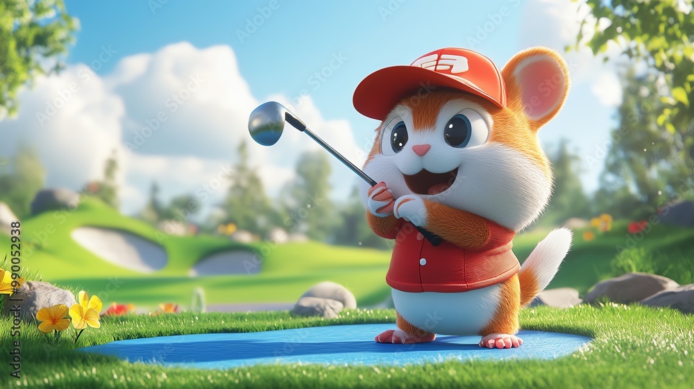 Hamster golfer swinging a club on a colorful course, exaggerated motion ...