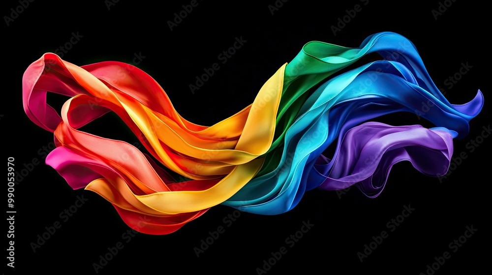 Bright, flowing ribbons forming a pride flag shape, with each color ...