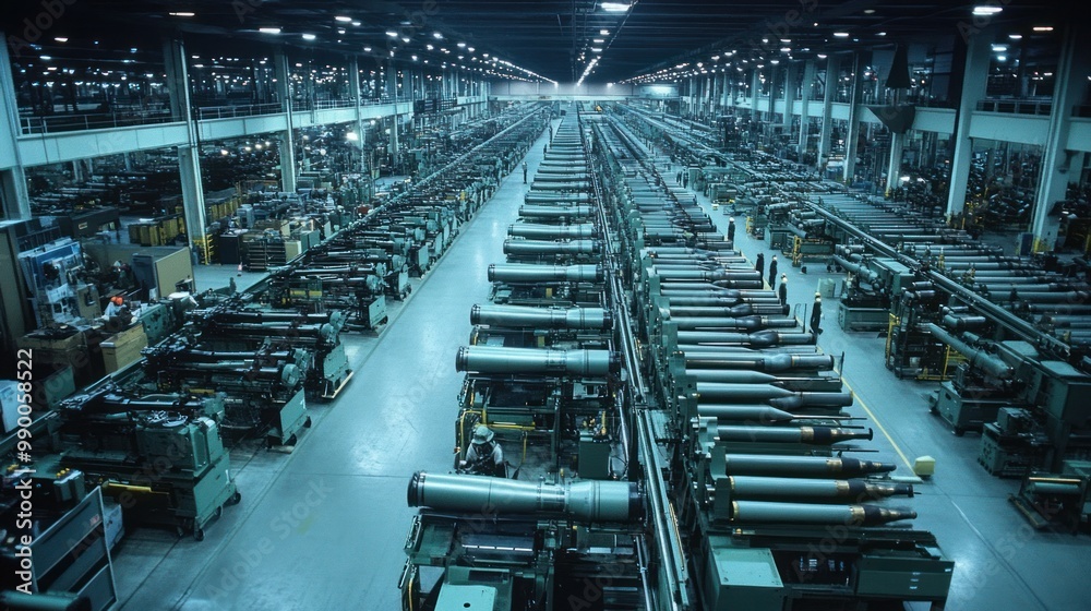 The arms industry in full production, with rows of military equipment ...