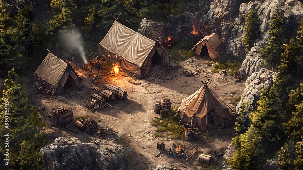 Hyper-realistic 2D depiction of an ancient gold mine camp, with ...