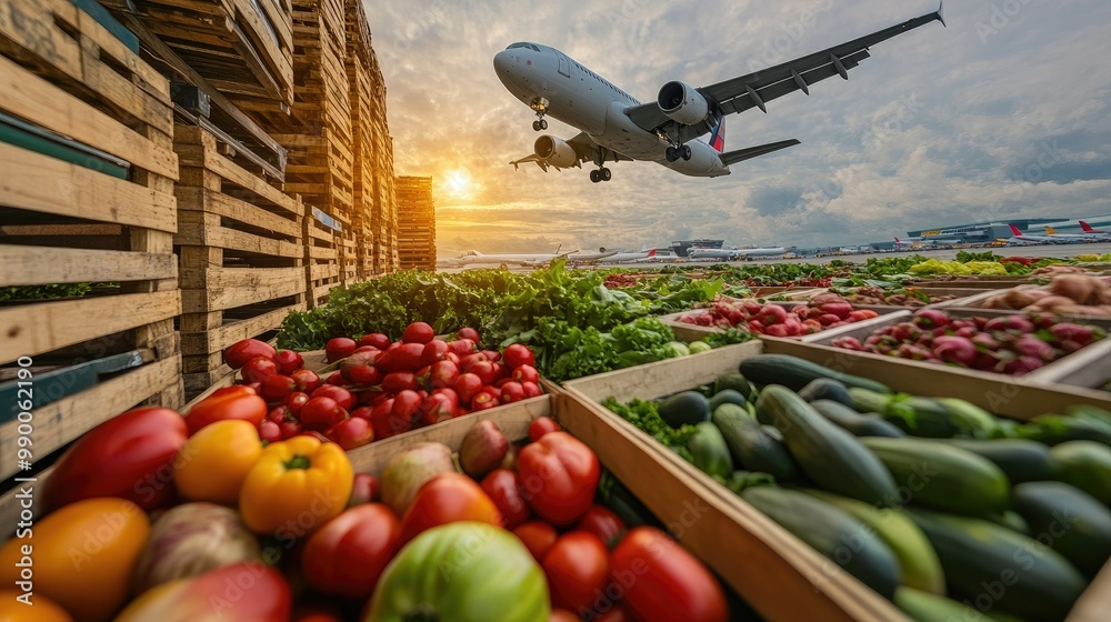 Crates of fresh vegetables with an airplane flying over them ...