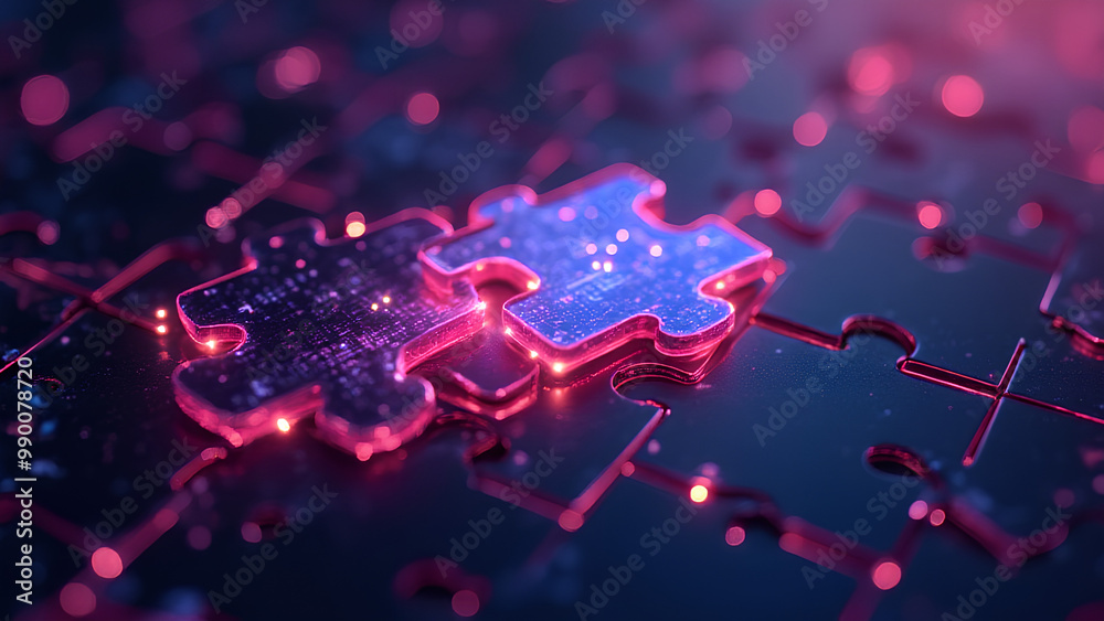 API integration concept with neon puzzle pieces interlocking on a ...