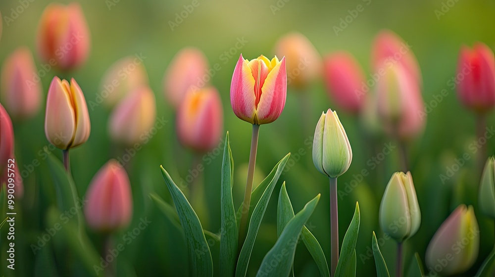 Tulips in various stages of bloom, with some fully open and others ...