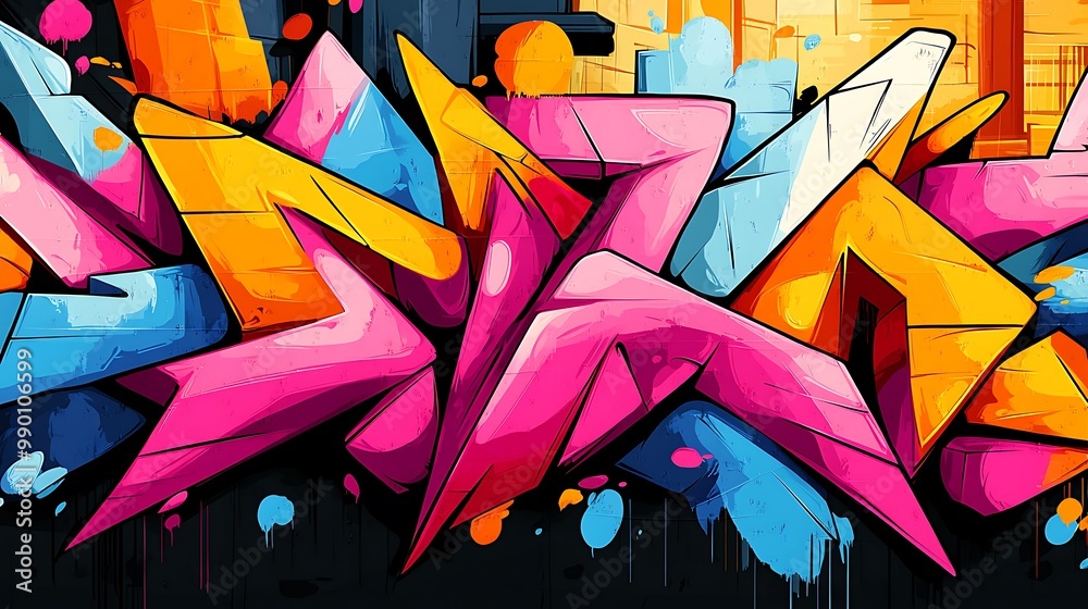 Colorful street mosaic, abstract graffiti shapes layered in vibrant ...