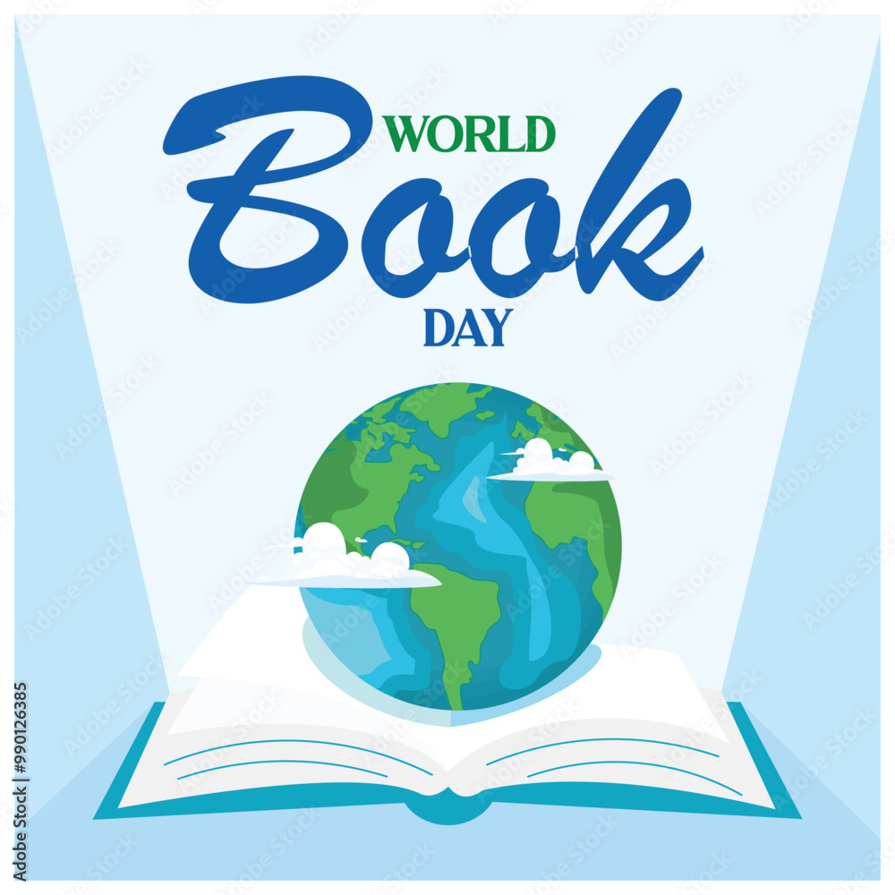 Planet Earth and open book. Blue color background and white clouds ...