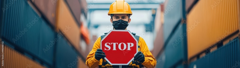 Customs officers blocking a cargo ship with a giant red stop sign ...
