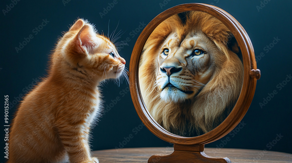 Confident Cat Looking in the Mirror Seeing a Lion. Motivational kitty ...